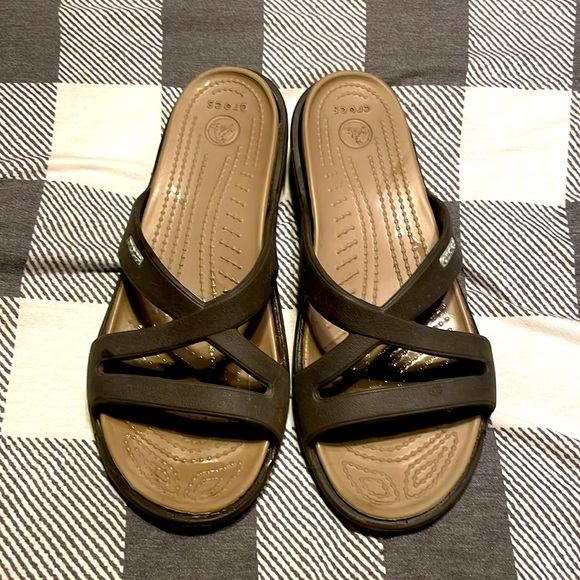 CROCS | Shoes | Crocs Brown And Tab Slip On Sandals | Poshmark
